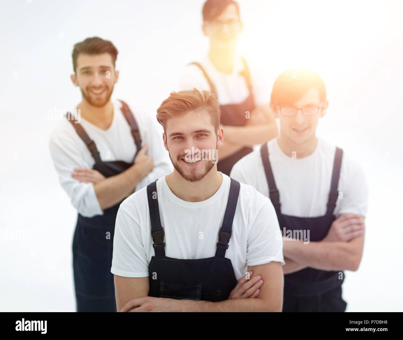 The team of responsible movers and their smiling leader Stock Photo - Alamy