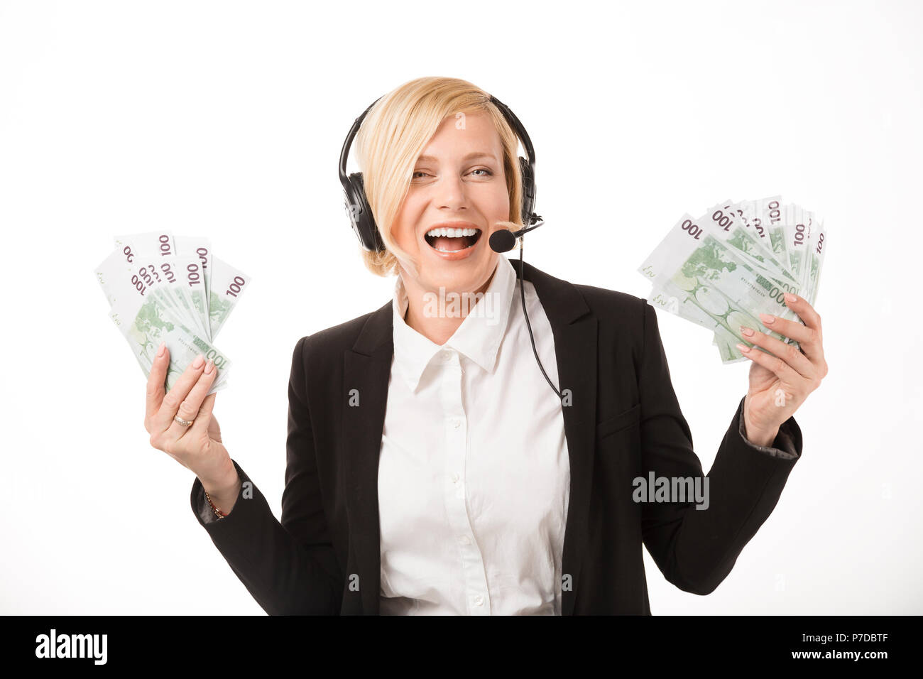 Excited call center operator, blonde woman dressed in black jacket ...