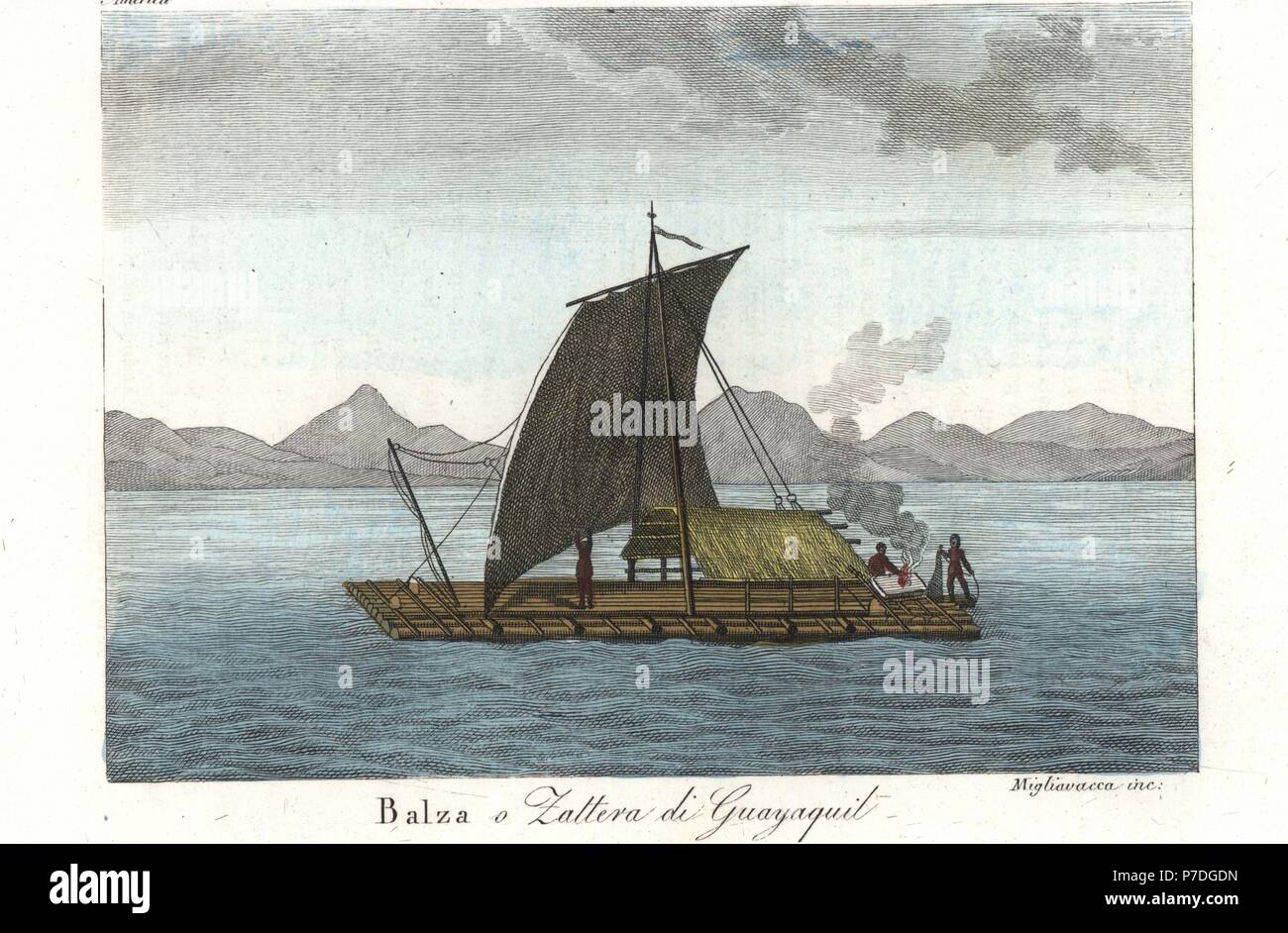 Native Americans of Guayaquil, Ecuador, on a raft with sail ...