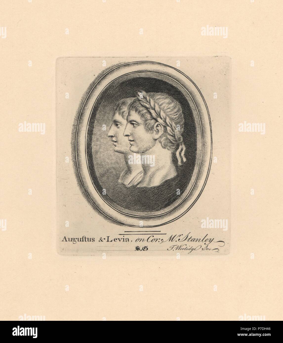 Augustus Caesar, Roman Emperor, in laurel wreath and his wife Livia ...