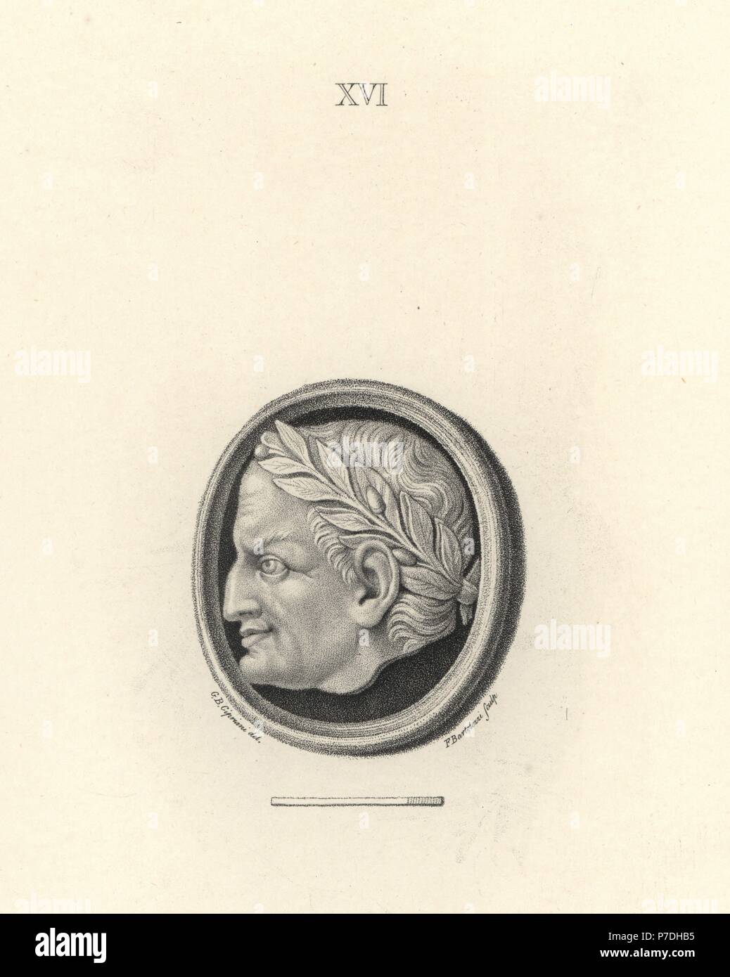 Head of Roman Emperor Galba with laurel wreath. Copperplate engraving ...
