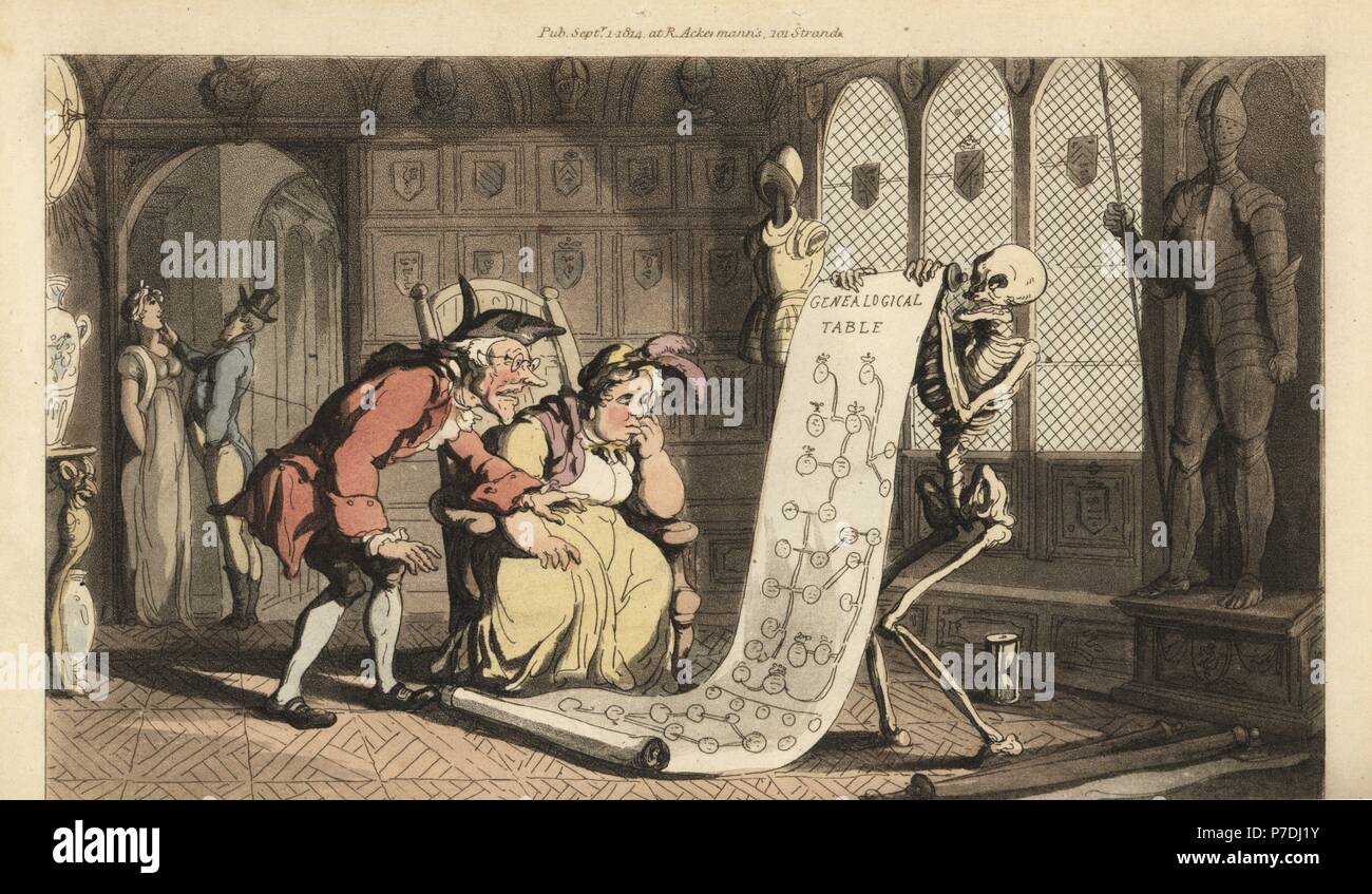 The skeleton Death with his hourglass shows a genealogical table to two ...