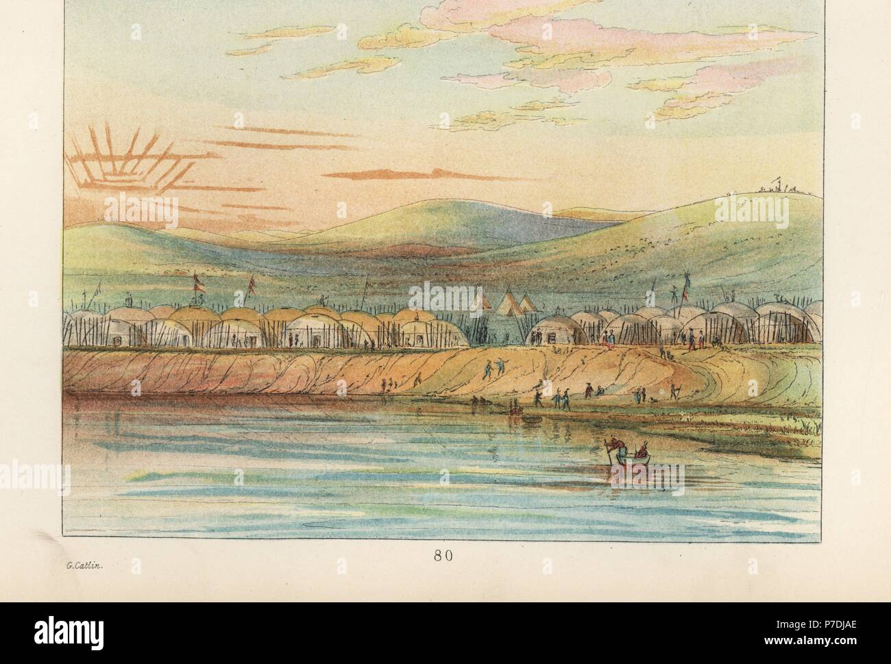 Arikara or Riccaree village of lodges on a river bank in Missouri ...
