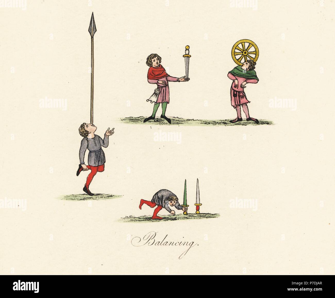 Medieval balancing acts. Man balancing a lance on his nose, one with a ...