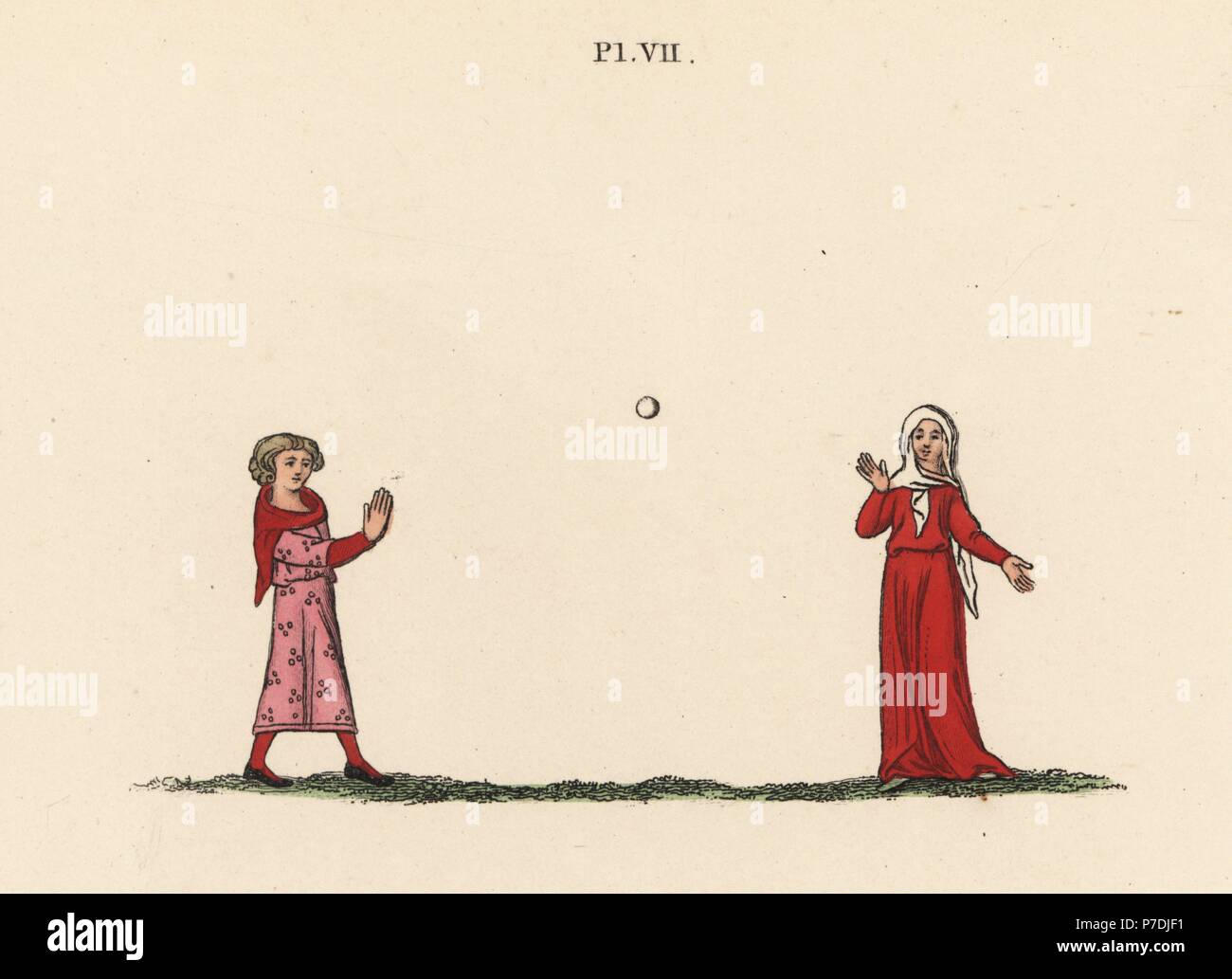 Man and woman playing handball, 14th century. Handcoloured lithograph ...