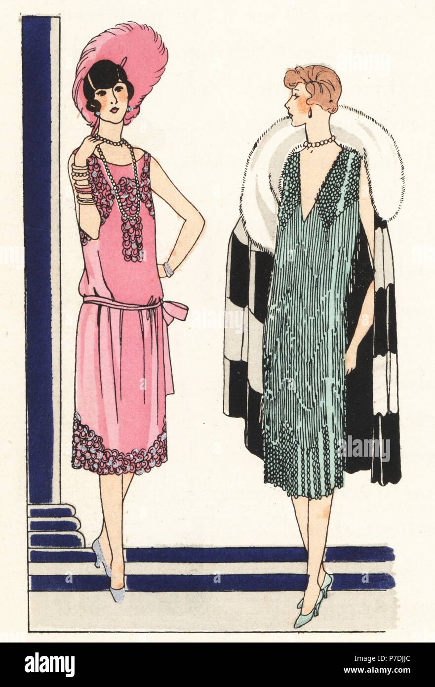Woman in tea gown of salmon pink crepe de chine, and woman in green ...