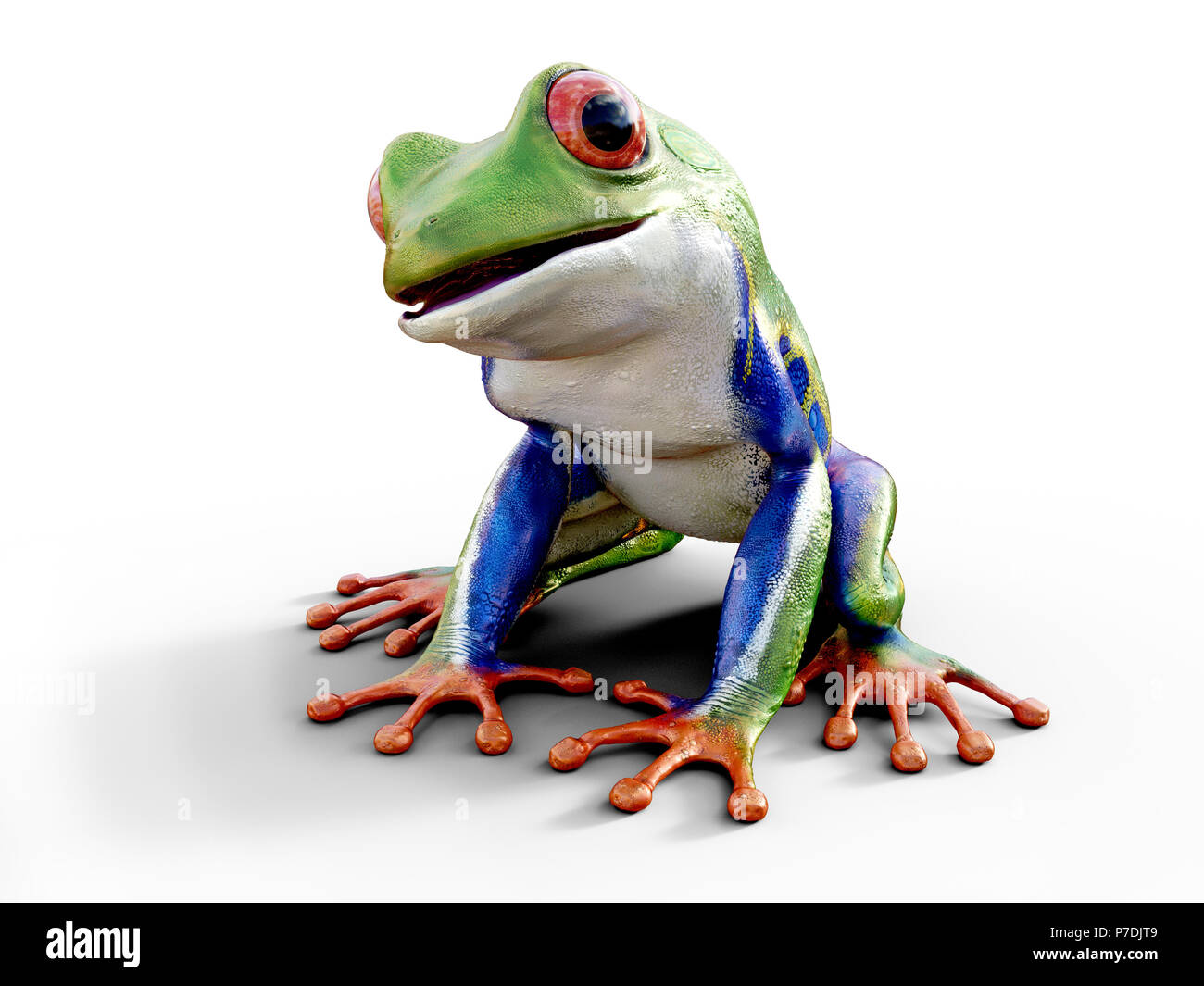 Realistic 3D rendering of a green, blue and orange colored red-eyed ...