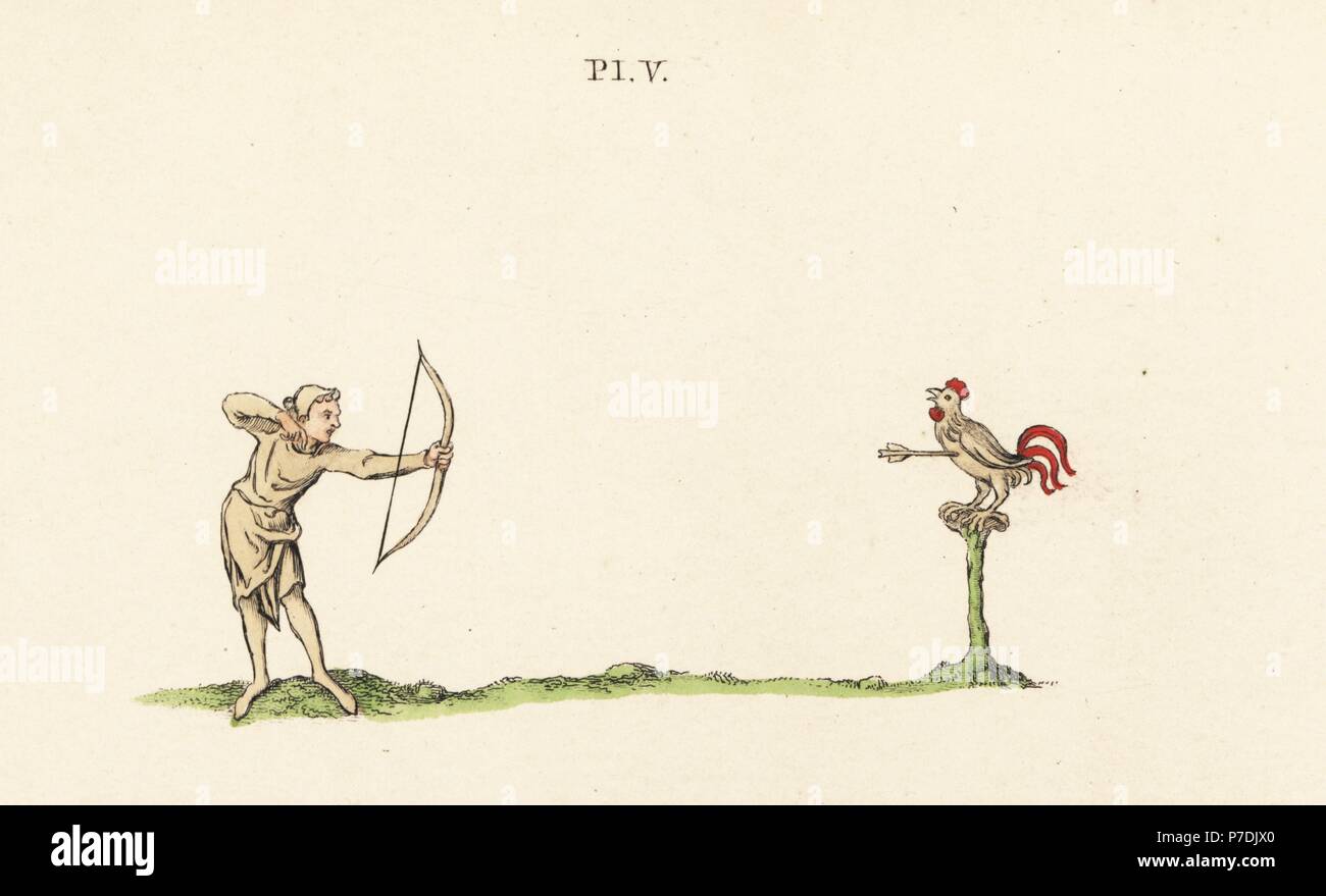 Archery practice with the bow and rooster target, 14th century ...