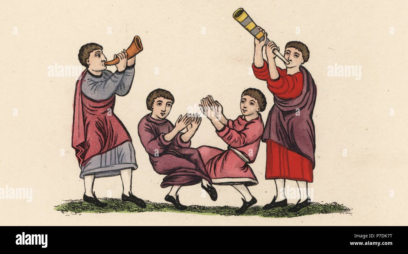 Anglo-Saxon men dancing to trumpet and horn, 8th century. Handcoloured ...