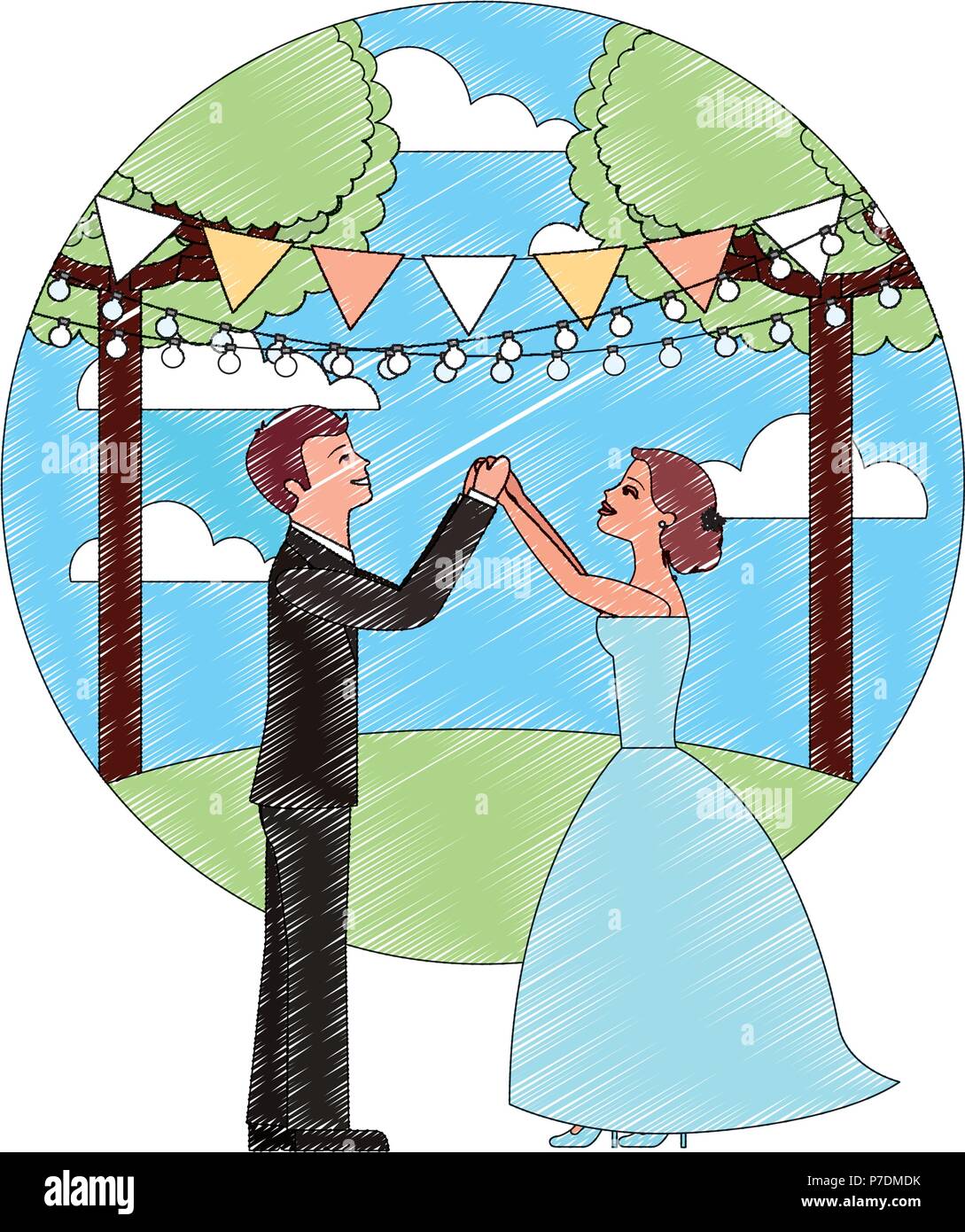 bride and groom wedding and first dance in natural landscape vector ...