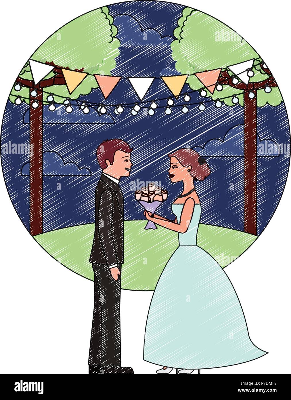 bride with bouquet and groom wedding in the night vector illustration ...