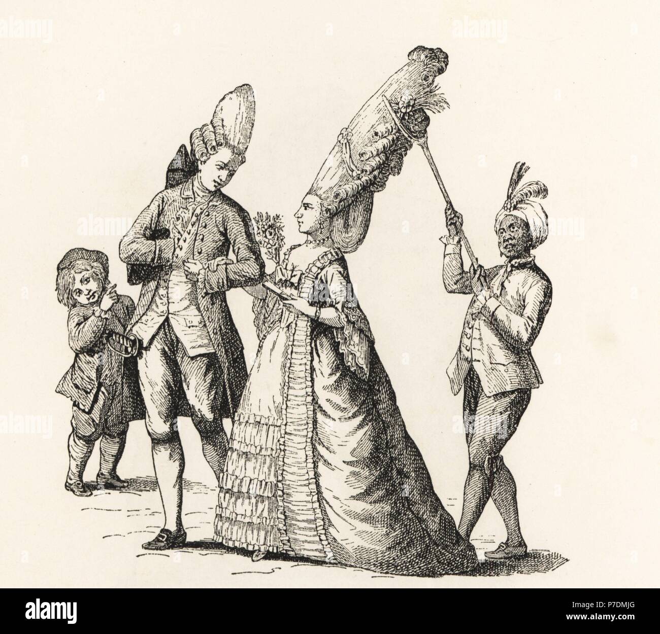 Fashionable woman with African pageboy holding up her huge hairdo. 18th ...