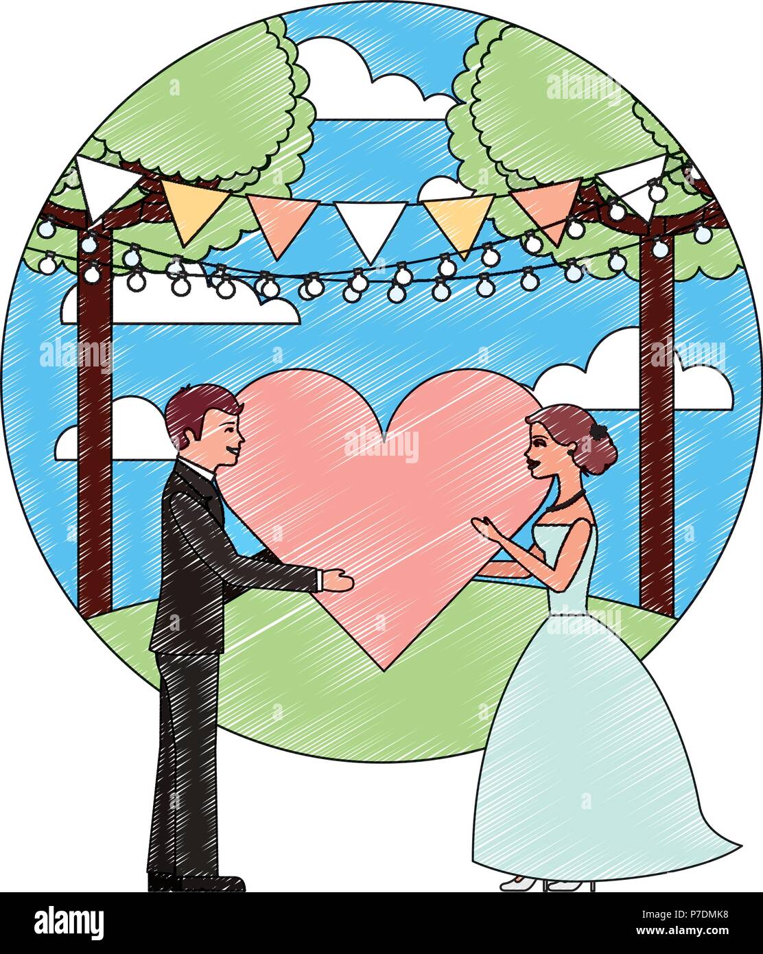 bride and groom with heart wedding day in natural scene vector ...