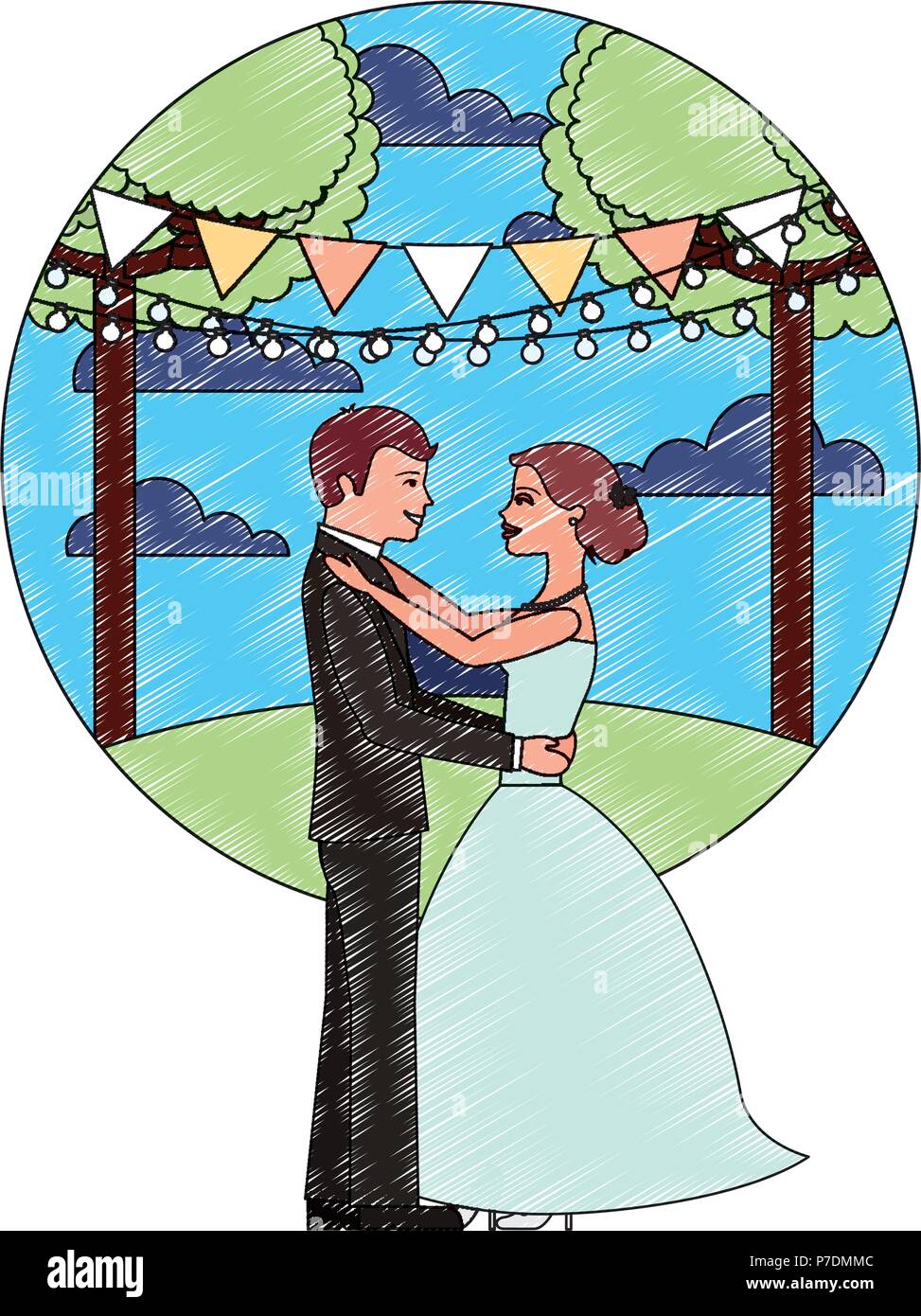 bride and groom wedding and first dance in natural landscape vector ...