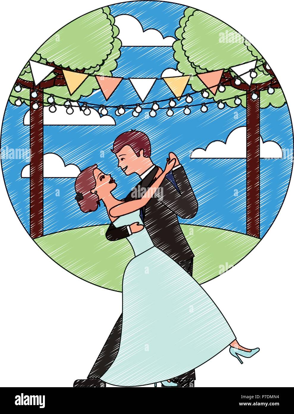 bride and groom wedding and first dance in natural landscape vector ...