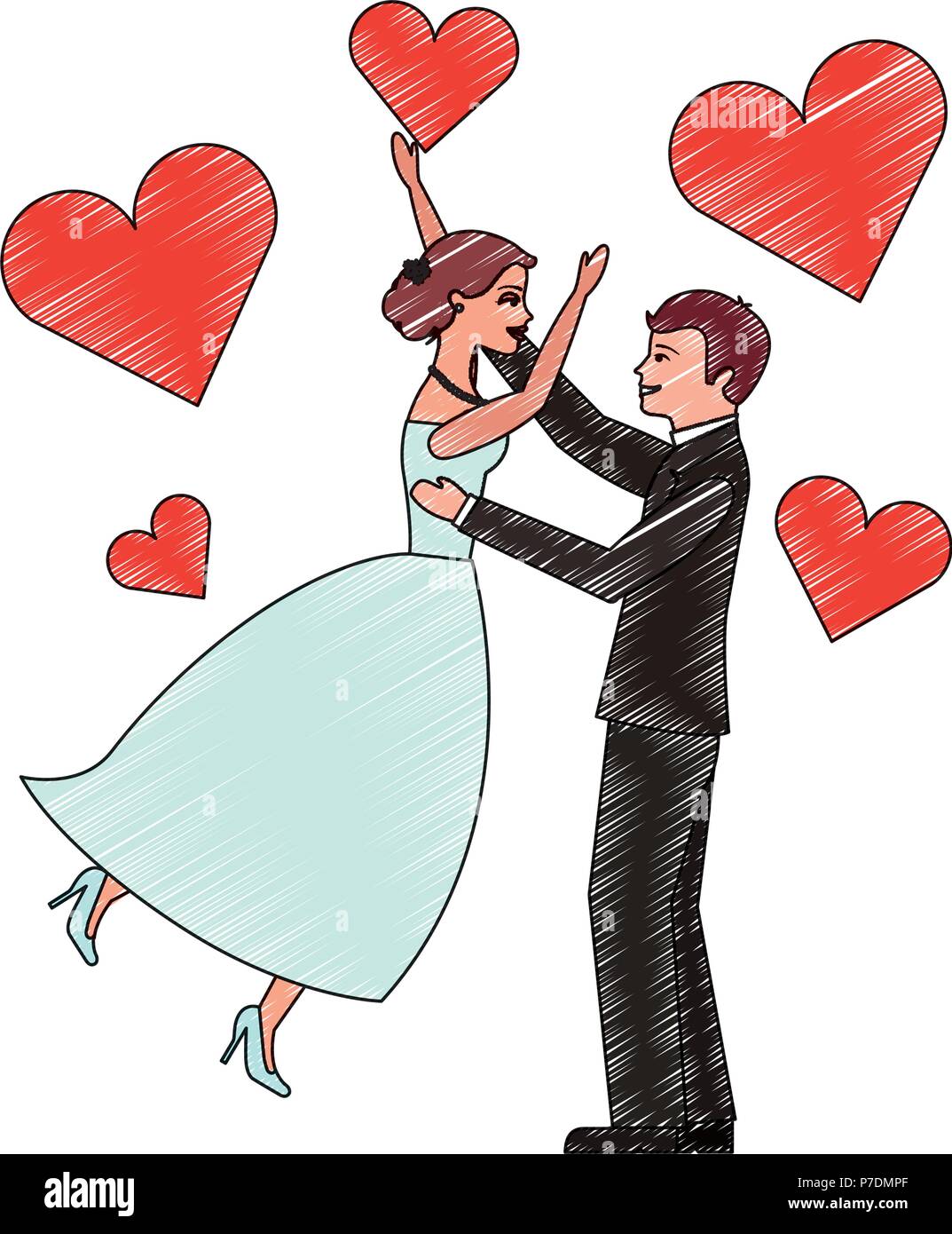 bride and groom wedding day and first dance love hearts vector ...