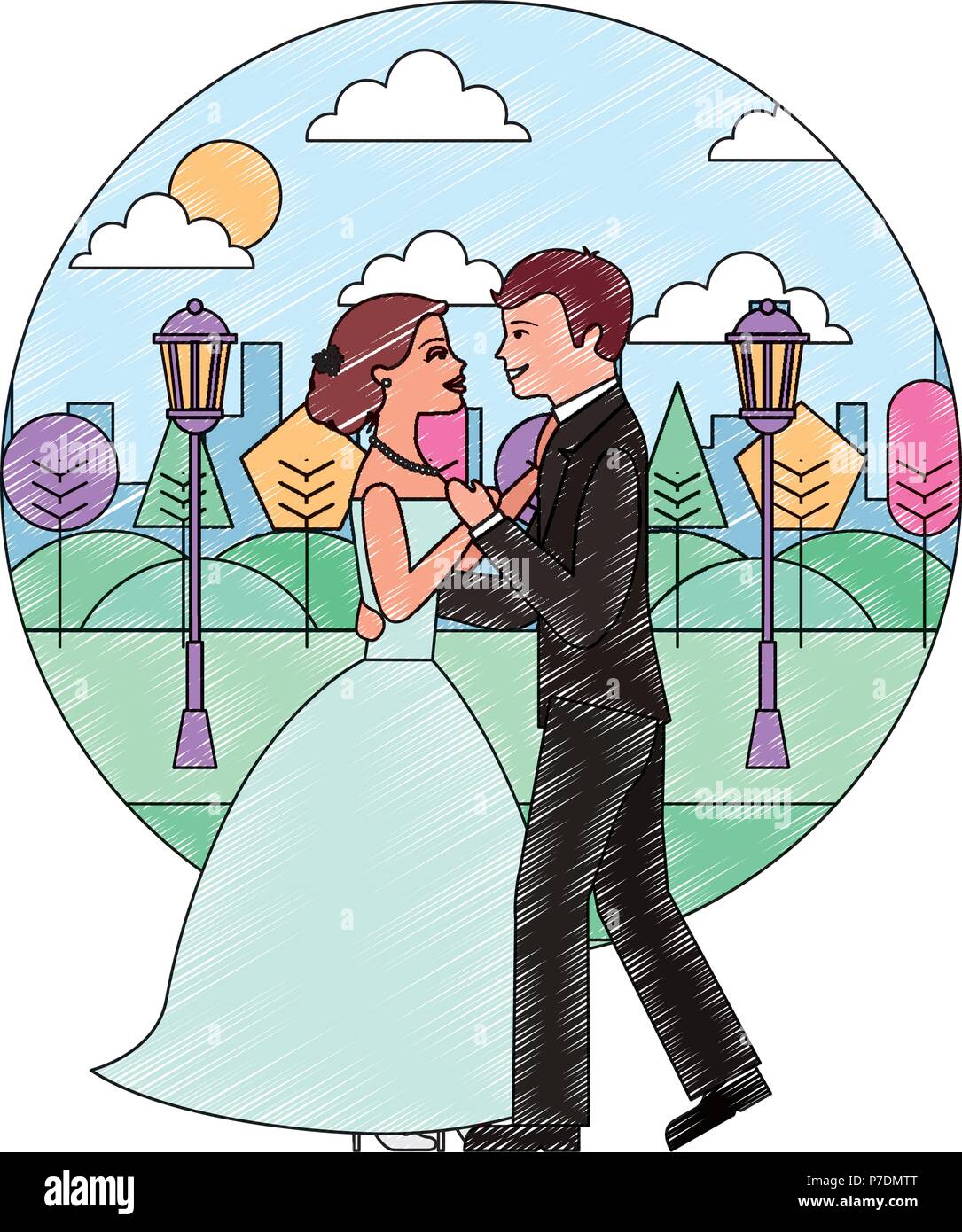 bride and groom wedding day and first dance vector illustration Stock ...