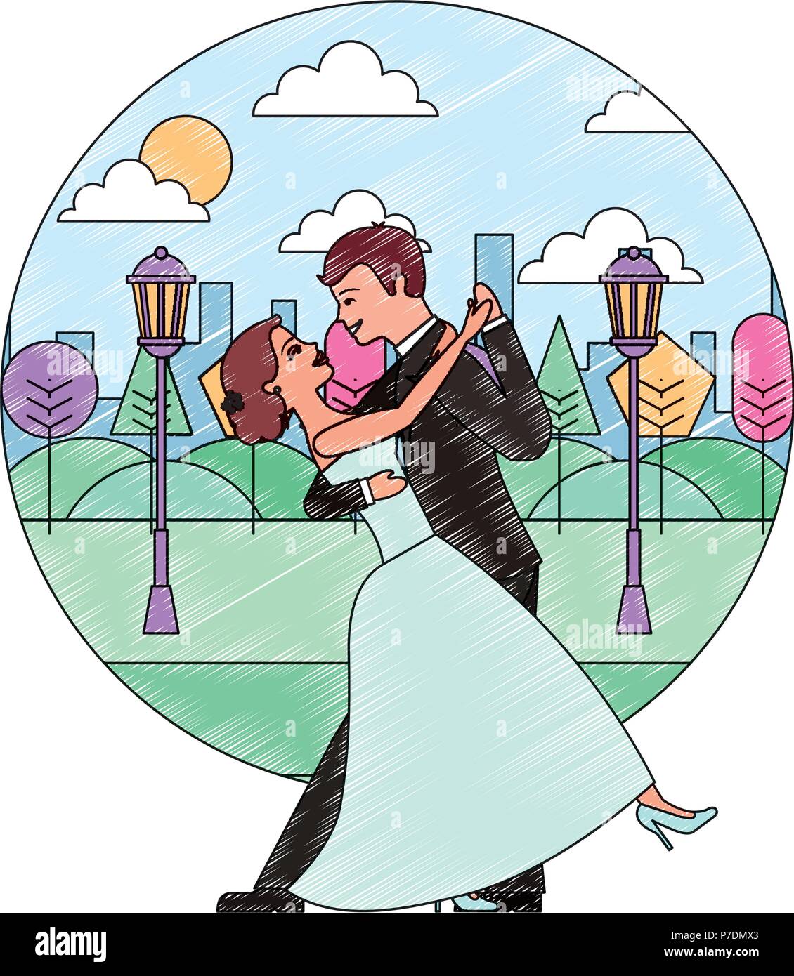 bride and groom wedding day and first dance vector illustration Stock ...