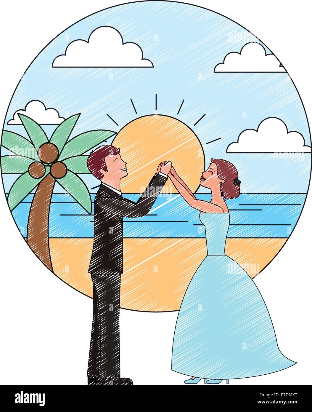 bride and groom wedding day and first dance in beach landscape vector ...