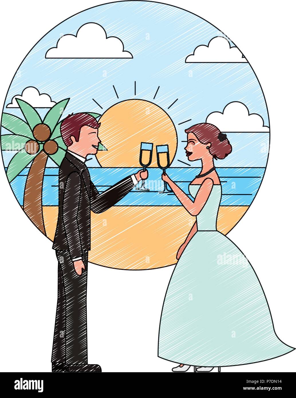 couple toasting wine glasses wedding day in the beach vector ...