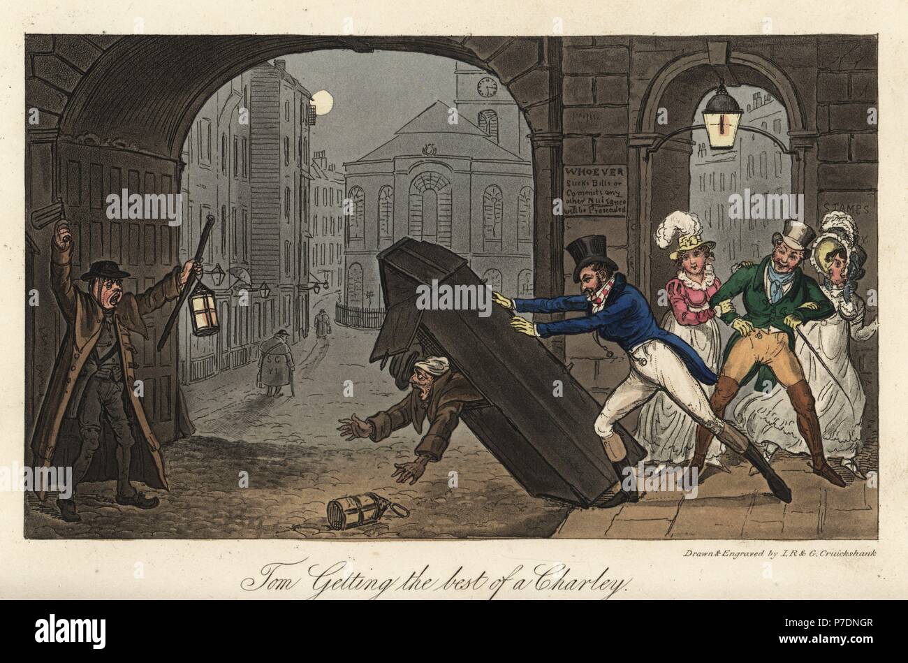 English dandies and belles pushing over a nightwatchman's box. Tom ...