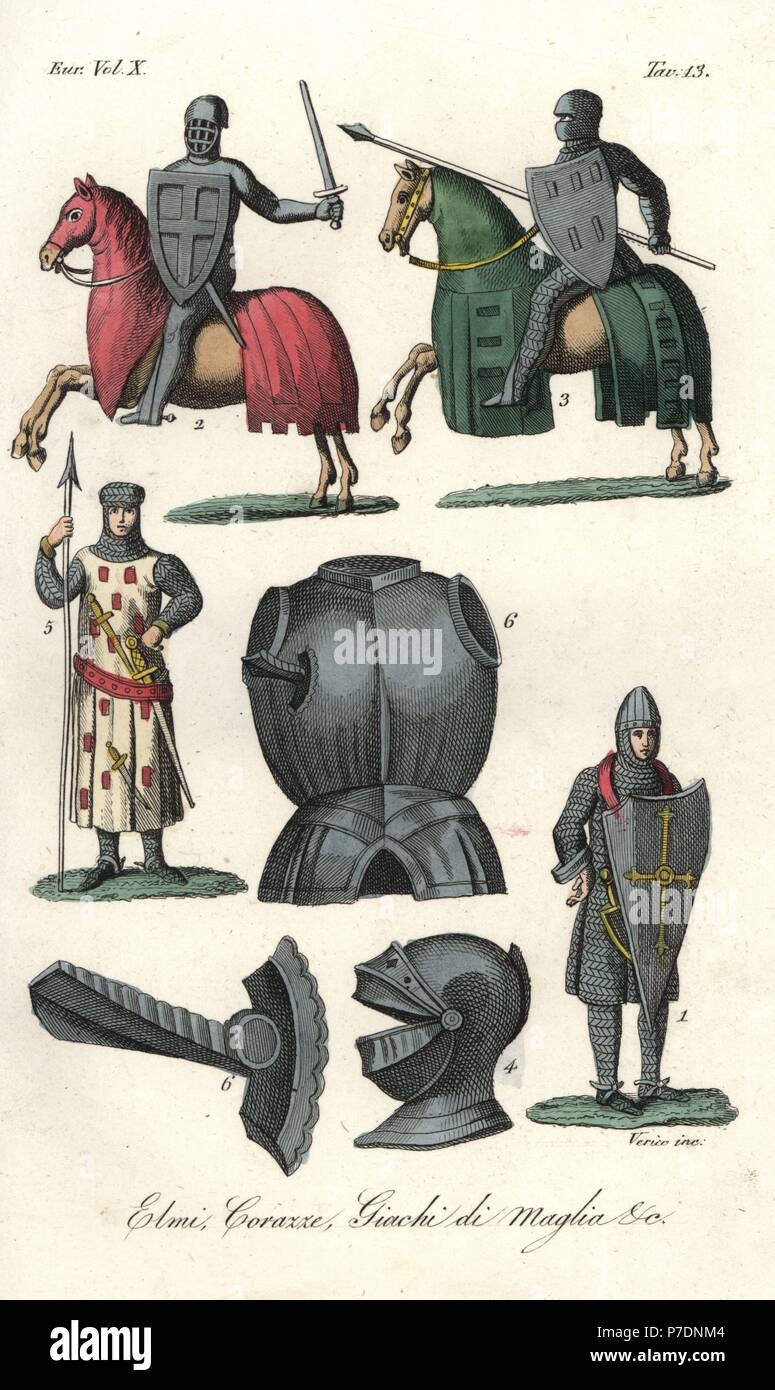 Helmets and armour of the 14th century. Conical helm 1, trellis helm 2 ...