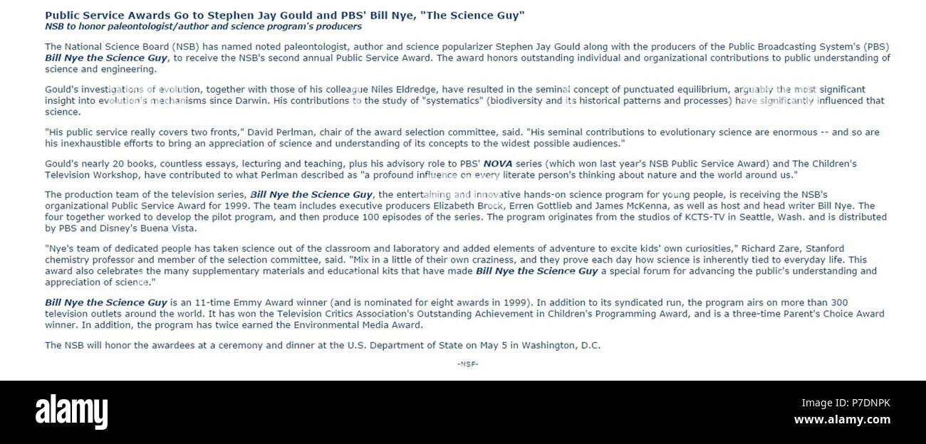 1999 Public Service Awards Go to Stephen Jay Gould and PBS' Bill Nye ...
