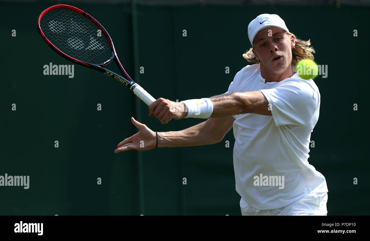 Denis Shapovalov in action on day four of the Wimbledon Championships ...