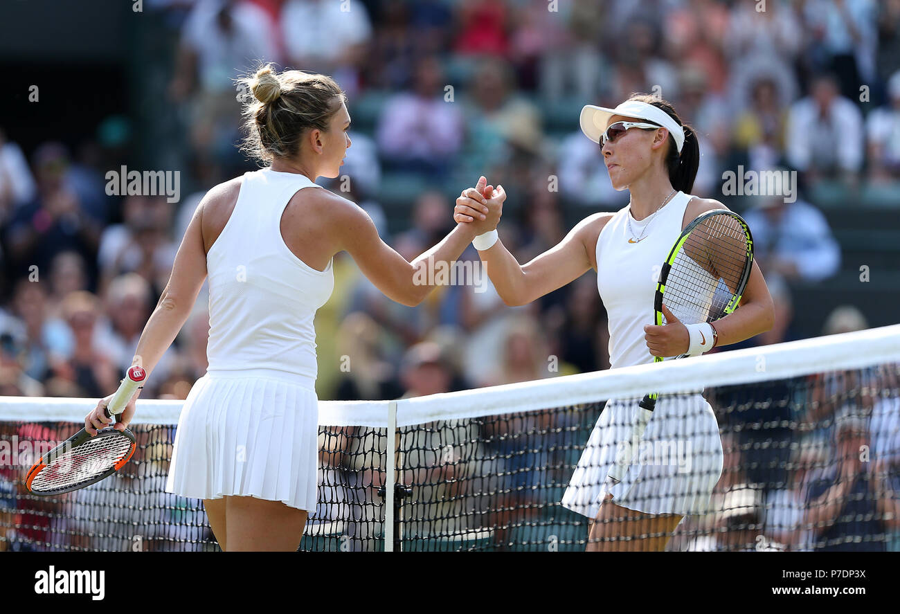Simona Halep shakes hands with Saisai Zheng (right) after her win on ...