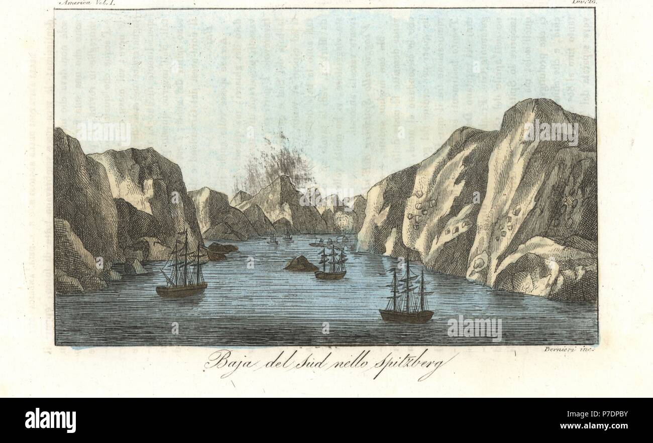 View of sailing ships in the South Bay of Spitsbergen island, Norway ...