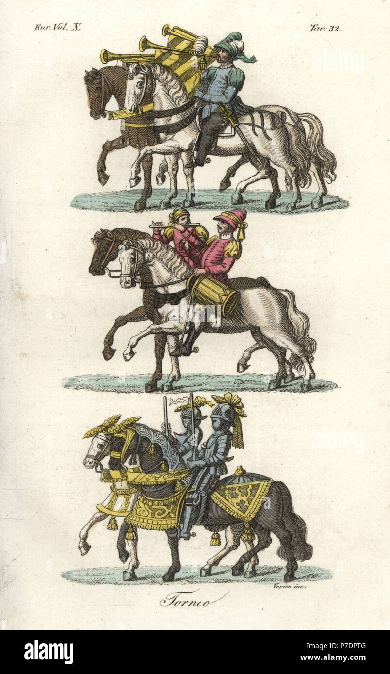 Musicians and knights in armour at a medieval tournament. Handcoloured ...