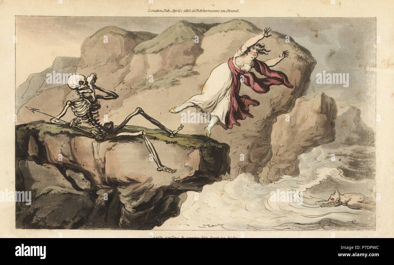 The skeleton of Death holds a handkerchief to his eye socket as a woman ...