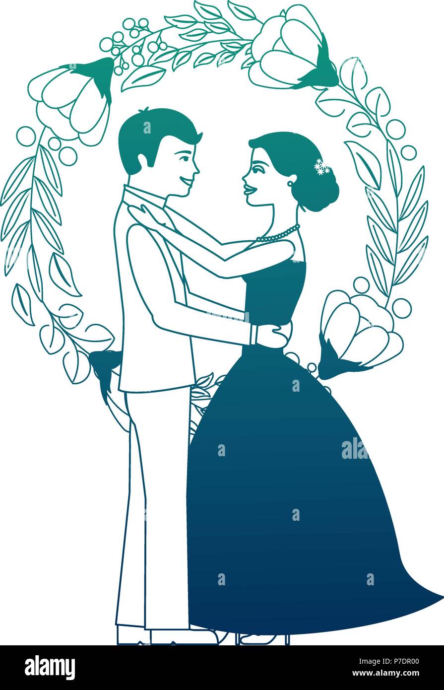 bride and groom and their first dance wedding day wreath flowers vector ...