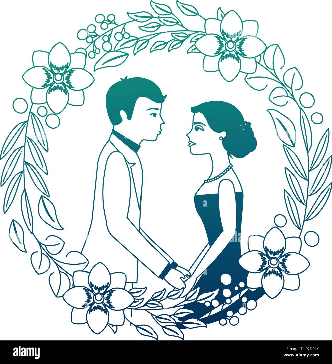 couple wedding day flowers in wreath flowers vector illustration neon ...