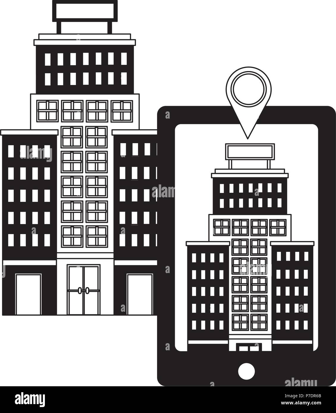 smartphone hotel building pointer map location vector illustration ...