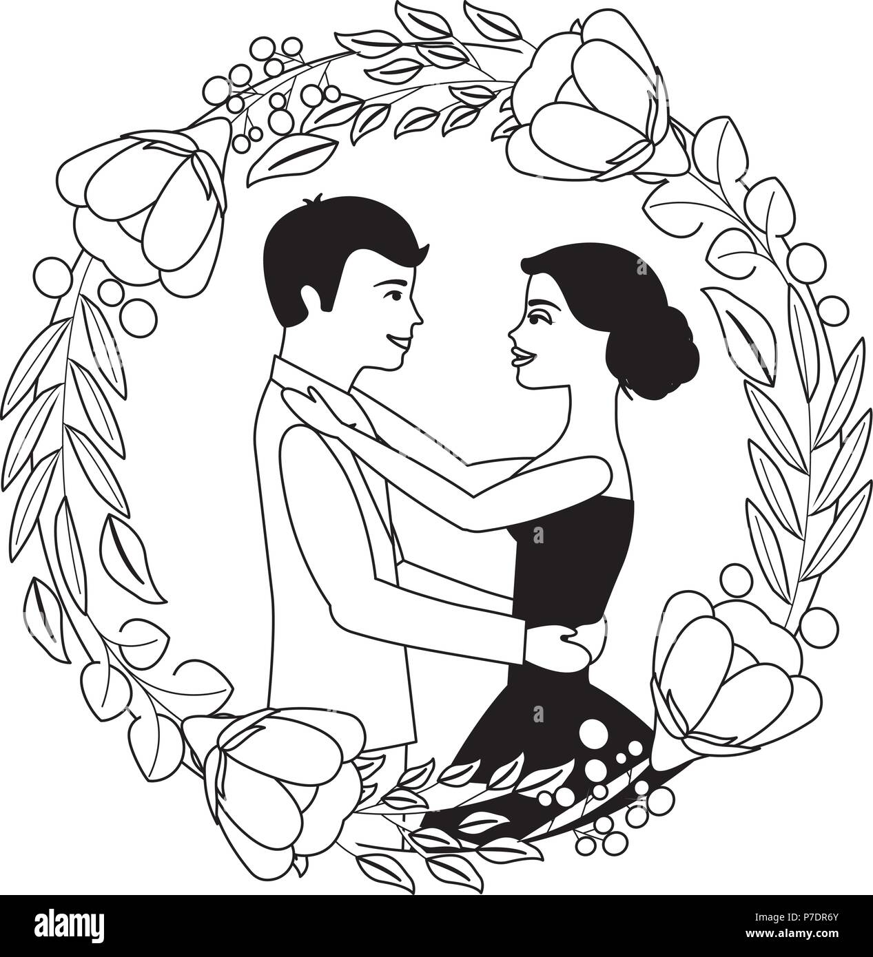 bride and groom their first dance wedding day on frame flowers portrait ...