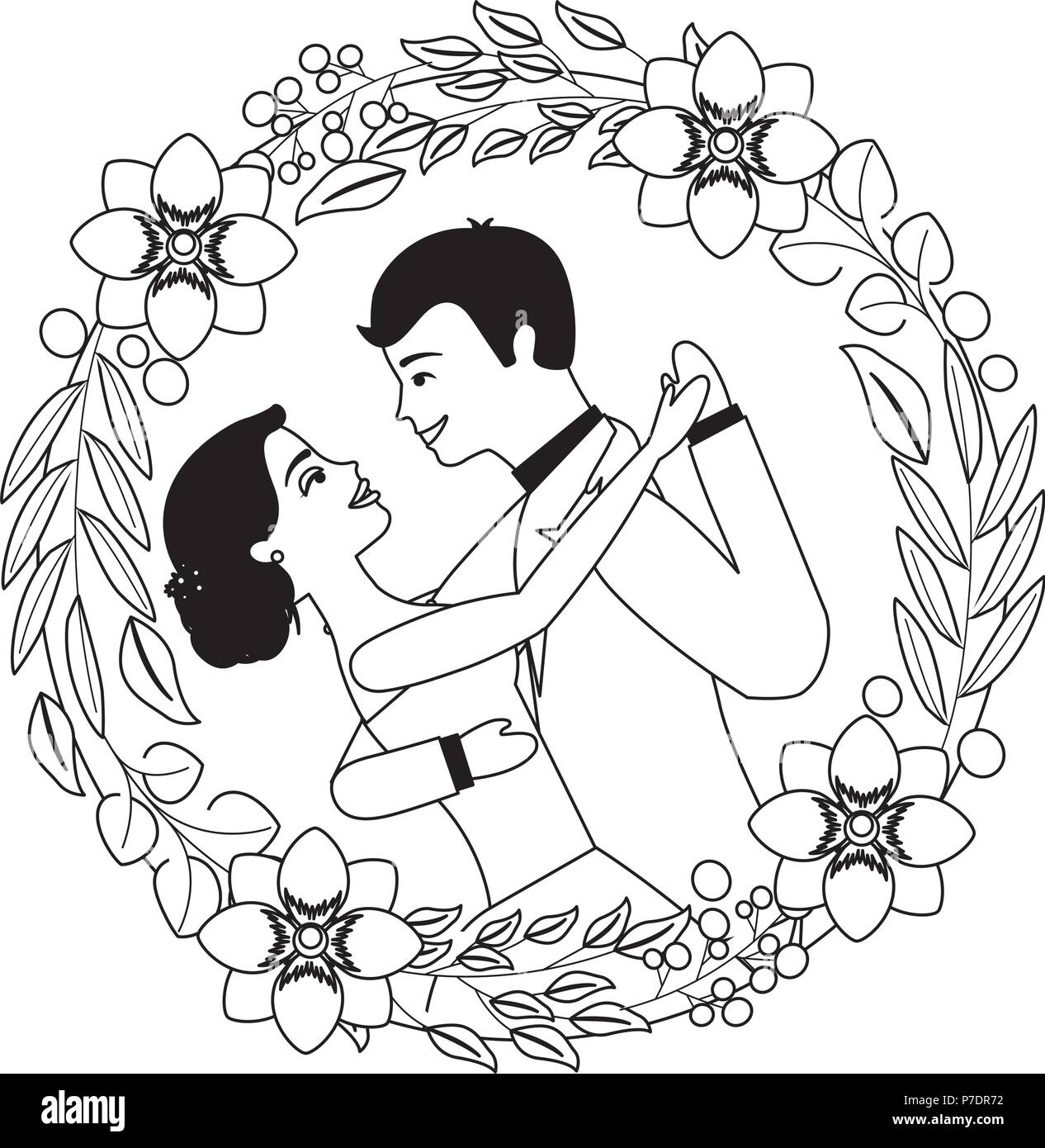 bride and groom their first dance wedding day on frame flowers portrait ...