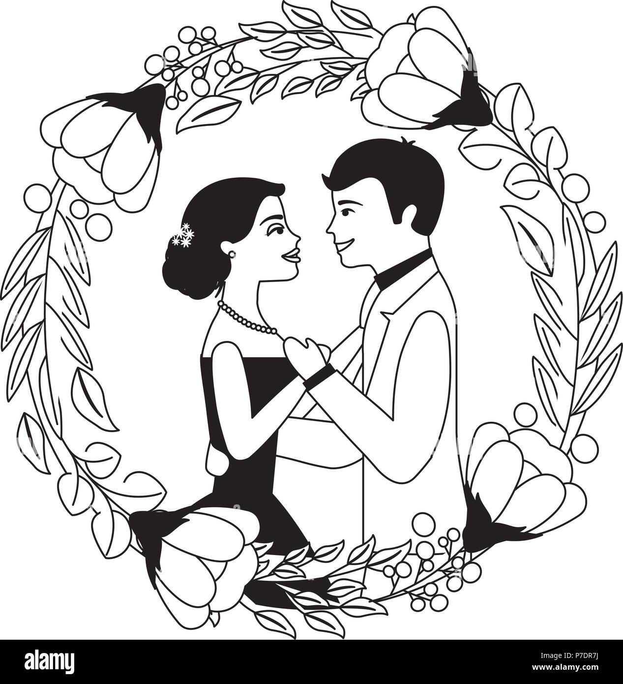 bride and groom their first dance wedding day on frame flowers portrait ...