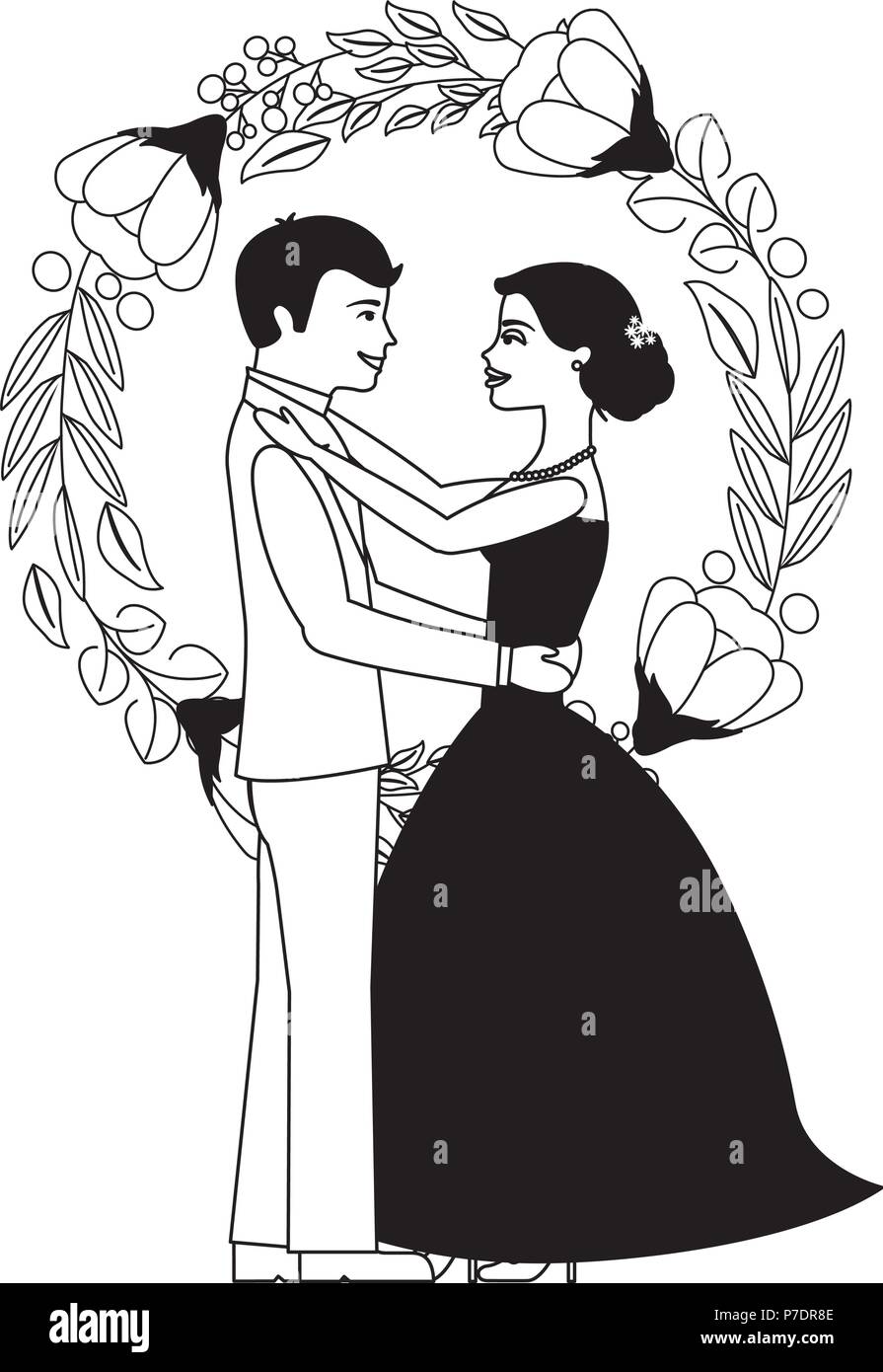 bride and groom and their first dance wedding day wreath flowers vector ...