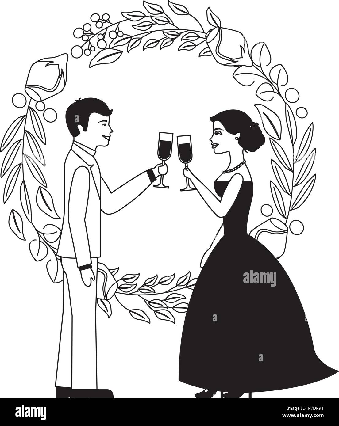 couple toasting wine glasses in wedding day wreath flowers vector ...