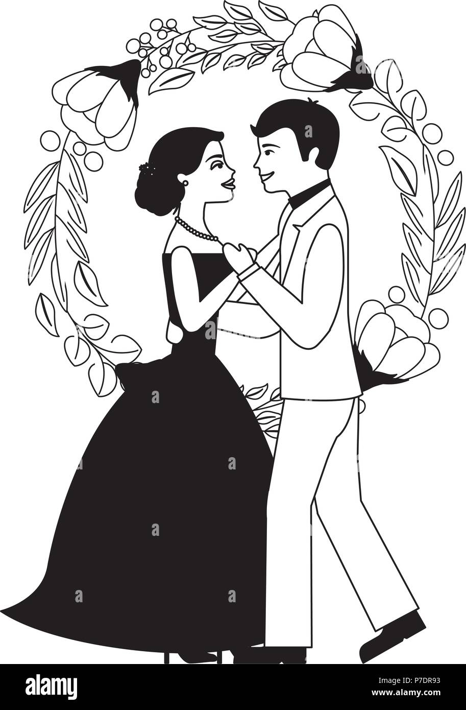 bride and groom and their first dance wedding day wreath flowers vector ...