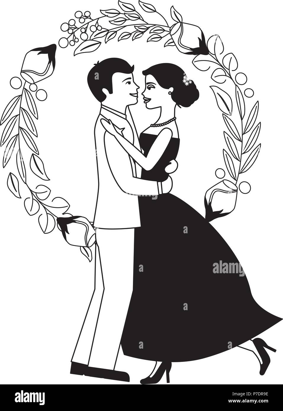 bride and groom and their first dance wedding day wreath flowers vector ...