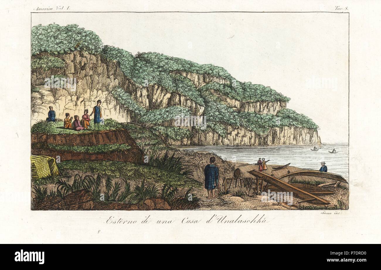 Exterior of an underground Aleut house in Unalaska with children ...