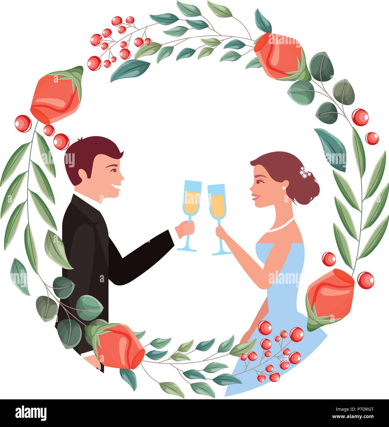 couple toasting celebrating wedding day in flowers frame vector ...