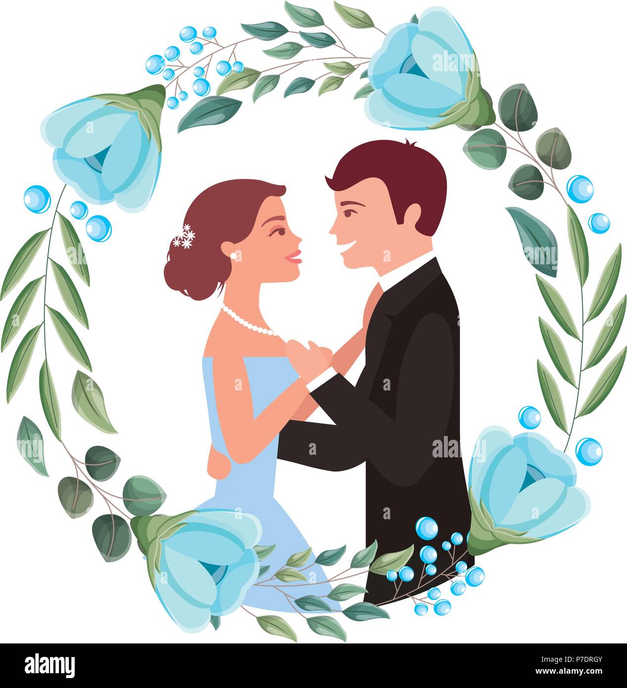 bride and groom their first dance wedding day on frame flowers portrait ...