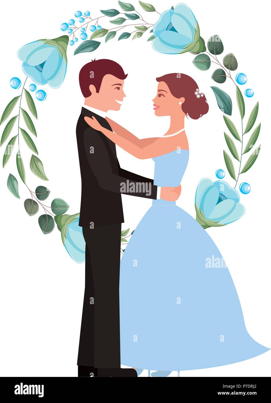bride and groom and their first dance wedding day wreath flowers vector ...