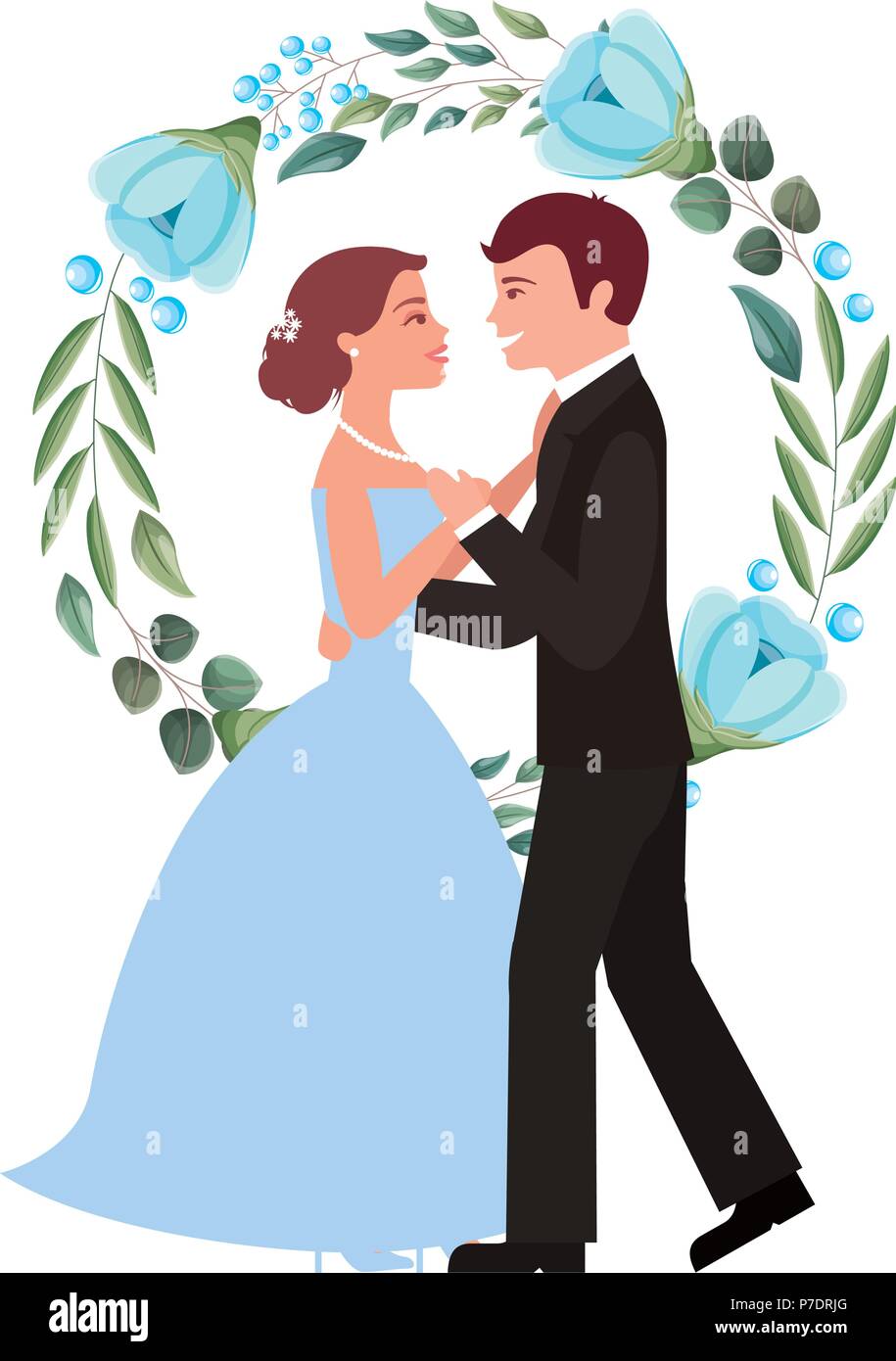 bride and groom and their first dance wedding day wreath flowers vector ...