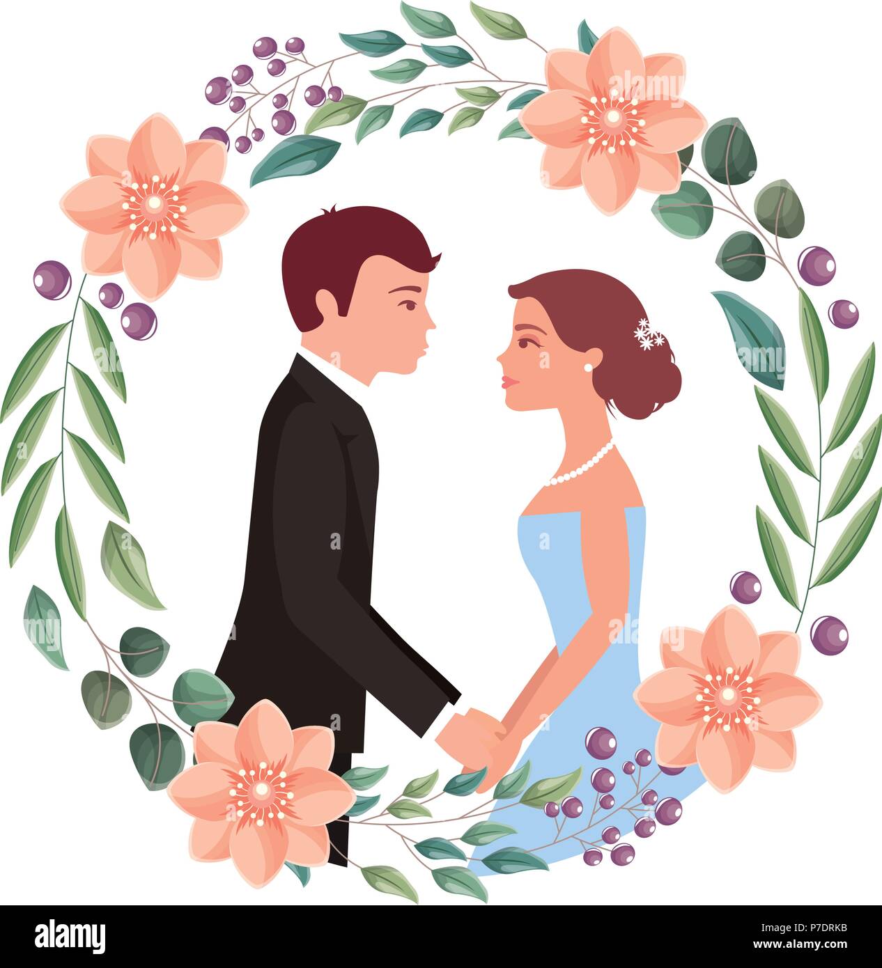 couple wedding day flowers in wreath flowers vector illustration Stock ...