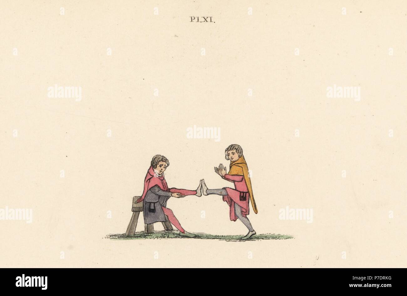 Quintain exercises, 14th century. A man attempts to unseat another man ...