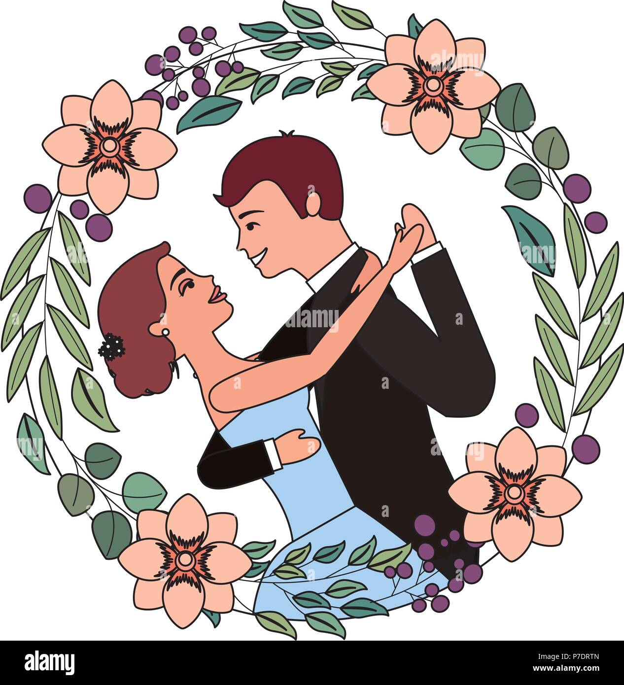 bride and groom their first dance wedding day on frame flowers portrait ...